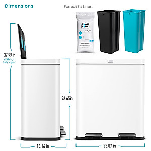 Home Zone Living 15.8 Gallon Kitchen Trash Can, Dual Removable Liners for Recycling and Trash, CleanAura Odor Control, Wide Stainless Steel Shape, Matte White (7.9 + 7.9 for 15.8 Gallon Total)