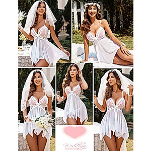 Avidlove Wedding Lingerie for Bride Lace Babydoll Sexy Lace Sleepwear for Women, White, Medium