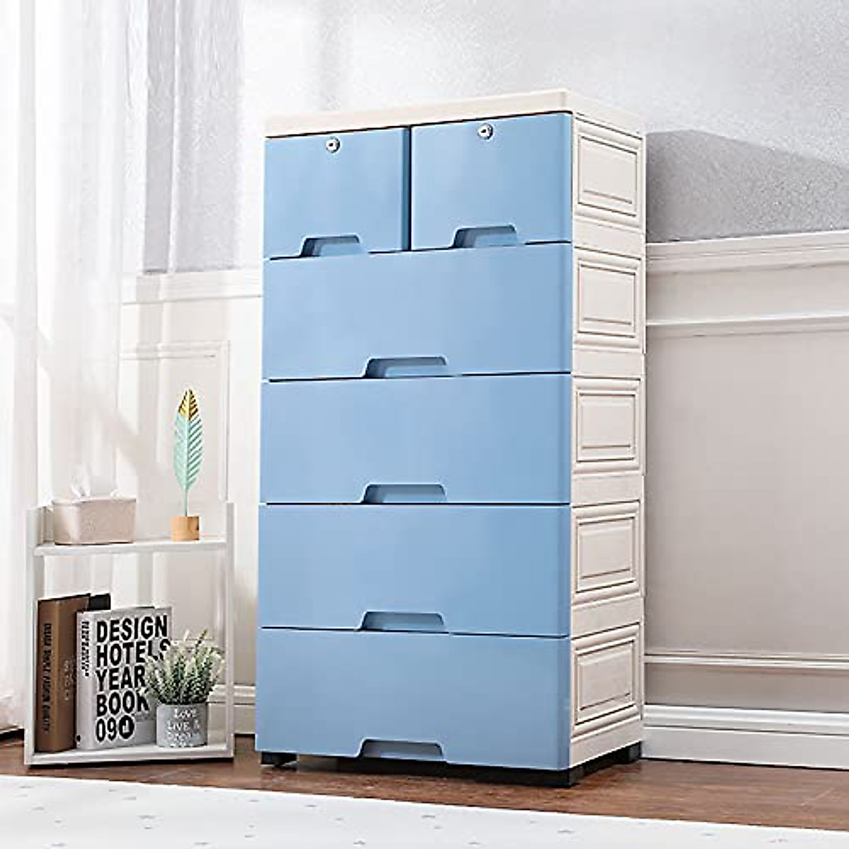 DNYSYSJ Plastic Storage Tower, 6 Drawers Plastic Dresser Storage Tower Closet Organizer, 40 X 19.7 Inch Storage Tower with Drawer, Multi-layer Closet Organizer for Home, Office, Bedroom (Blue)