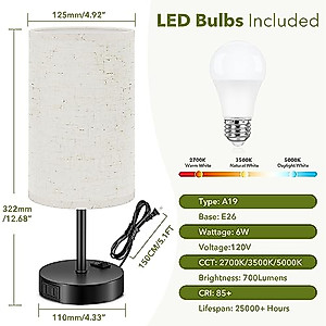 GGOYING Bedside Table Lamp, 3-Color Modes Bedroom Lamps 2700K 3500K 5000K with AC Outlet, Linen Cylindrical Lampshade for Livingroom Nightstand Office Reading Working(2-Pack, Bulb Included)