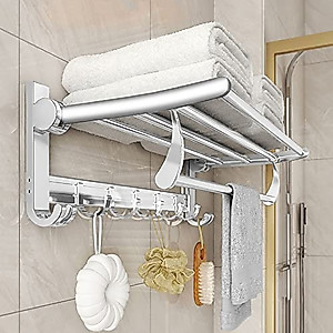 Towel Rack with Towel Bar for Bathroom Wall Mount,Foldable Toalla Holder with Hooks,Hotelier Rustproof Adjustable Bath Towels Shelf,No Drill,24 Inch Polished Silver