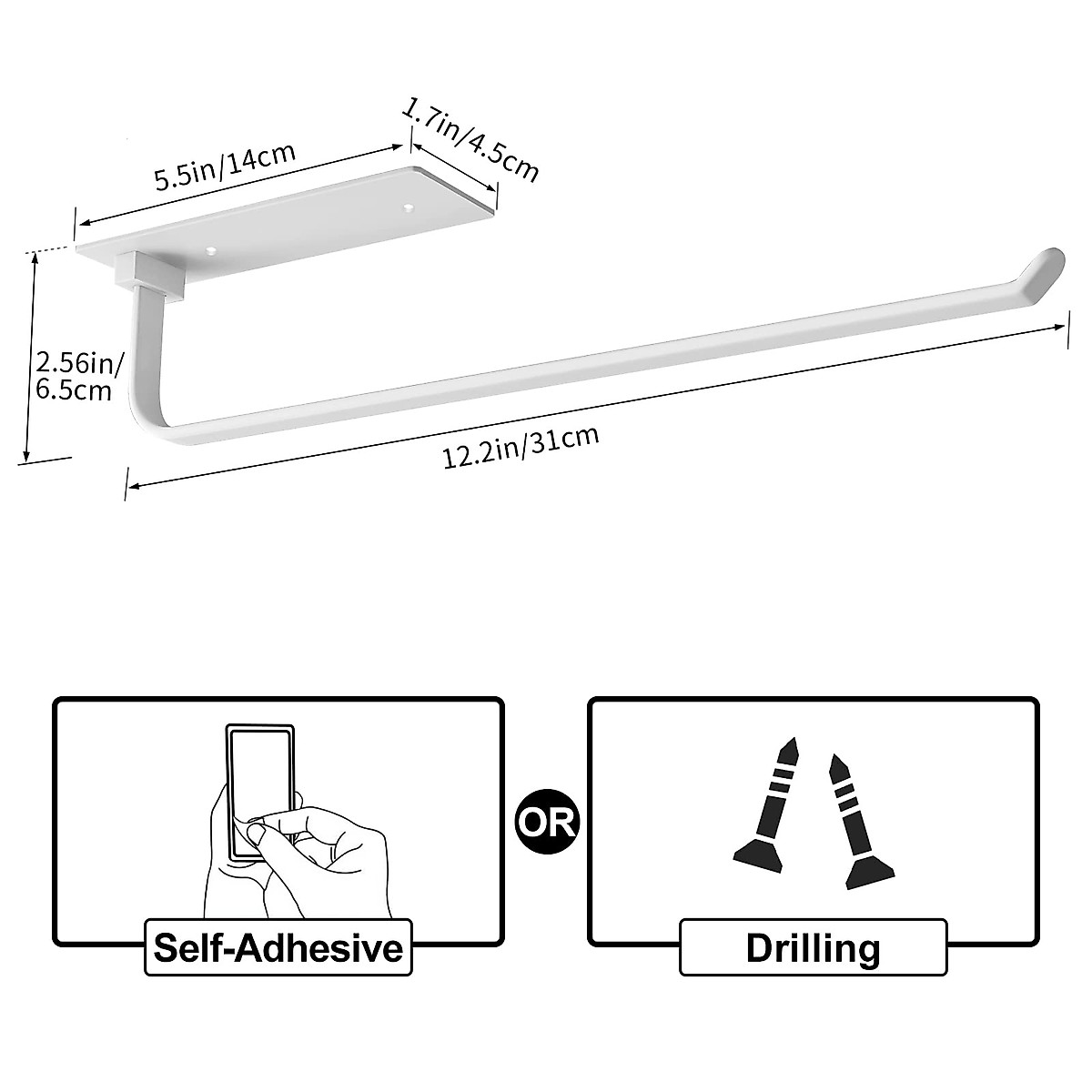 White Kitchen Roll Holder, Stainless Steel Paper Towel Holder for Kitchen, Self-Adhesive Kitchen Roll Holder Under Cabinet, Wall Mount Plastic Wrap Holder and Towel Rack