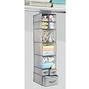 mDesign Soft Fabric Over Closet Rod Hanging Storage Organizer with 7 Shelves and 3 Removable Drawers for Child/Kids Room or Nursery - Textured Print - 2 Pack - Gray