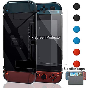 Dockable Case Compatible with Switch Console and Joy-Con Controller, Patterned ( Lizards, leaves, flowers and acorns on a black background ) Protective Case Cover with Tempered Glass Screen