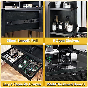 TC-HOMENY Makeup Desk Glass Top, Vanity Desk Dressing Table with Hair Tool Holder and Charging Station, 2 Drawers & Open Shelves Dresser Desk and Cushioned Stool Set