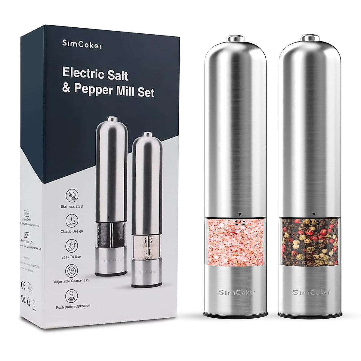 SimCoker Electric Salt and Pepper Grinder Set, Battery Operated Stainless Steel Pepper Grinder Mill Electric with Light, Automatic One Handed Operation, Adjustable Coarseness, Ceramic Grinder, 2 Pack