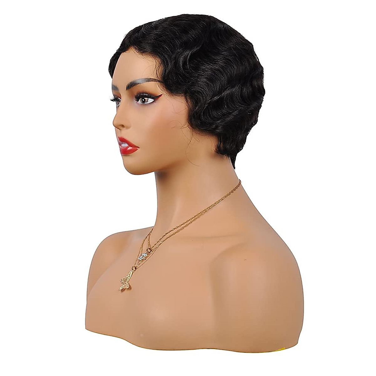 YOLANFAIRY Short Pixie Cut Wigs For Black Women Mommy Brazilian Finger Ocean Wave Remy Human Hair Cheap Wig For Party（Black 1B#）