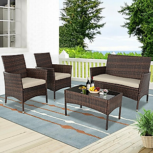 HTTH 4-Piece Outdoor Patio Furniture Sets Wicker Sofa with Cushions and Coffee Table Garden Lawn Pool Backyard Outdoor Sofa Sets (Brown-Beige)