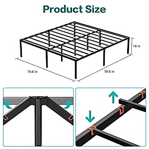 Zebuloni King Bed Frame,Platform Bed Frame,No Box Spring Needed,18 Inch High Platform King Size Bed Frame Free,Heavy Duty Steel Slat with Strong Metal Foundation,Storage Pouch x 1 Included,King