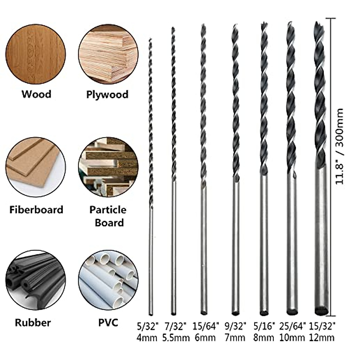 Jersvimc 7Pcs 300mm 12 Extra Long Drill Bit Set, Long Wood Drill Bits Long Shank Drill Bits Brad-Point Drill Bit Set Include (4mm, 5mm, 6mm, 7mm, 8mm, 10mm, 12mm)
