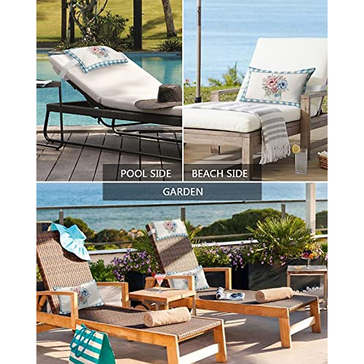 Prime Leader Recliner Head Pillow Ledge Loungers Chair Pillows with Insert Spring Pink Blue Flower Blue White Buffalo Plaid Lumbar Pillow with Adjustable Strap Outdoor Waterproof Patio Pillows, 2 PCS