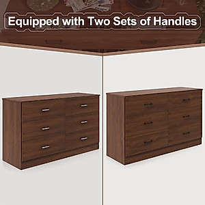 Bigbiglife 6 Drawer Wood Dresser, Wide Chest of Drawers, Bedroom Furniture, Clothes Storage and Organizer, 15.8" D x 47.2" W x 27.7" H, Walnut Brown