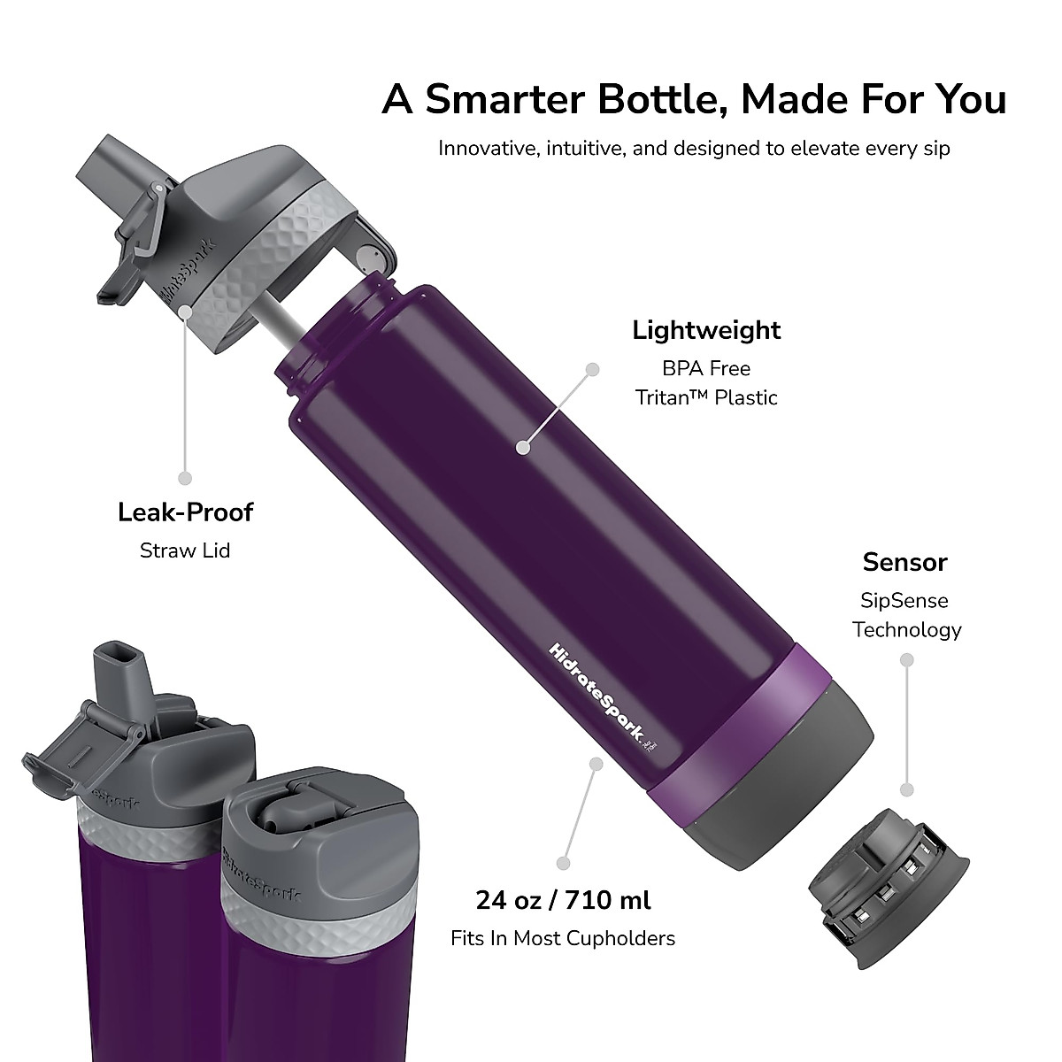 Hidrate Spark PRO Lite Smart Water Bottle – Tritan Plastic – Tracks Water Intake with Bluetooth, LED Glow Reminder When You Need to Drink – Straw Lid, 24 oz, Wildberry