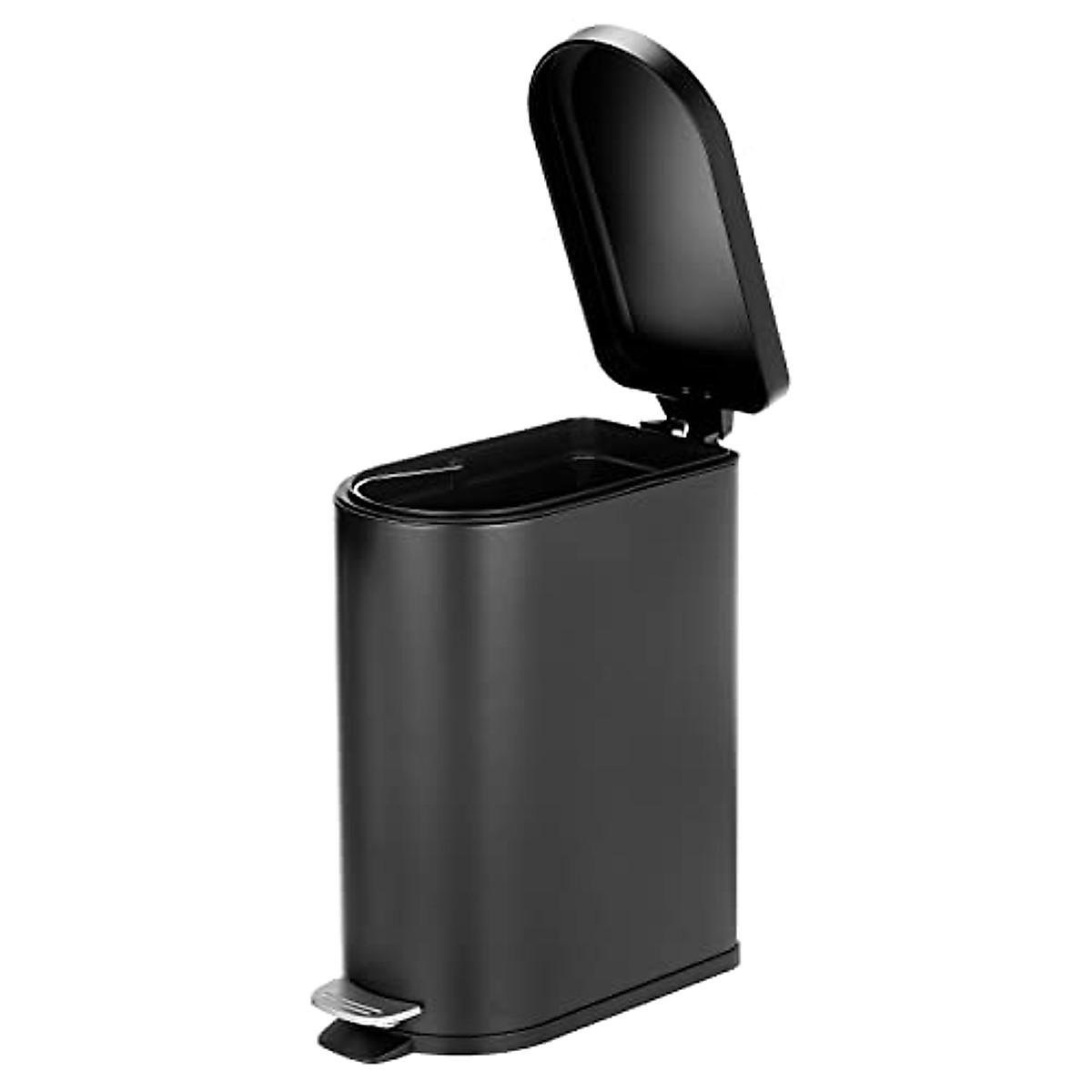 mDesign Small 2.6 Gallon Stainless Steel Metal Step Trash Can Garbage Bin for Bathroom, Bedroom, Home Office - D-Shape Trashcan with Foot Pedal/Lid, Removable Liner Bucket with Handles, Black