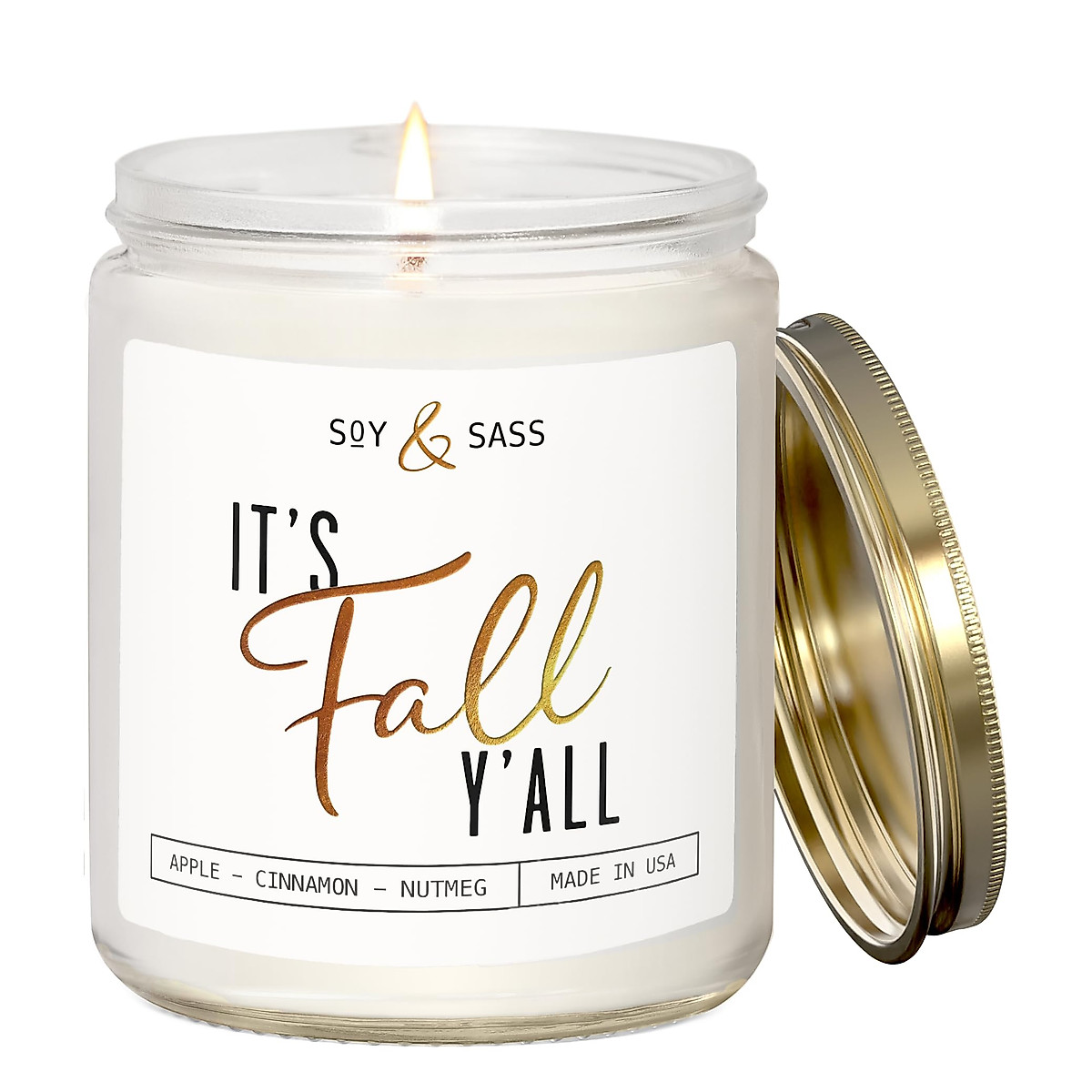 Fall Candles - 'It's Fall Yall' Fall Candle w/Apple Cinnamon & Nutmeg I Infused with Essential Oils I Autumn Fall Scented Candles I Cozy Cute Fall Décor Fall Gifts I 9oz Jar I 50Hr Burn I Made in USA