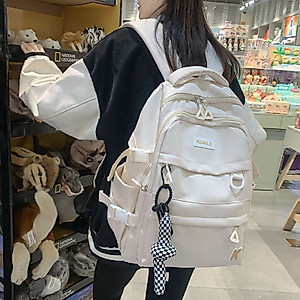 Large Simple Kawaii Backpack with Pendant for Girl Teen College Student High School Laptop Book Bag Travel Waterproof (Beige)