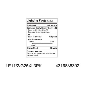 GE Lighting 85392 Energy Smart CFL 11-Watt (40-watt replacement) 500-Lumen G25 Light Bulb with Medium Base, 3-Pack