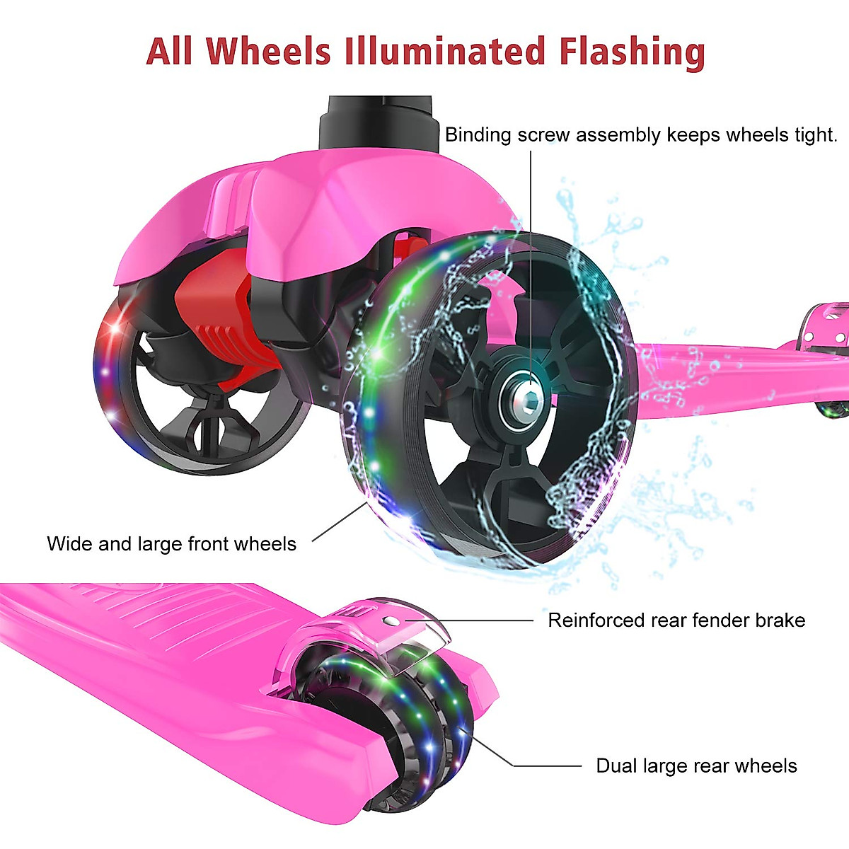 Allek Kick Scooter B02, Lean 'N Glide Scooter with Extra Wide PU Light-Up Wheels and 4 Adjustable Heights for Children from 3-12yrs (Rose Pink)