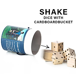 Large Wooden Yard Dice Set of 6 with Two Games and Cardboard Bucket