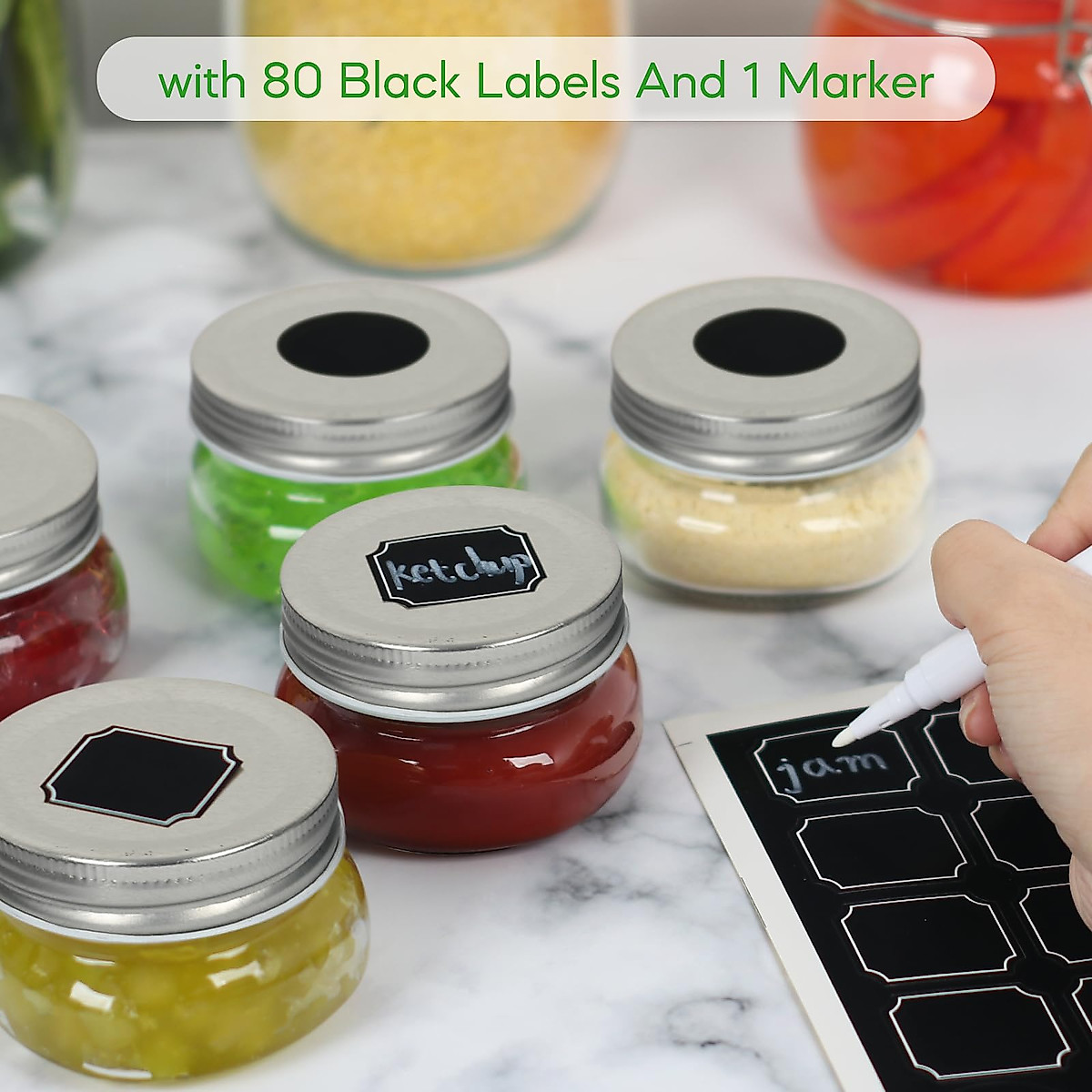 STARSIDE 4 oz Glass Mason jars,24 Pack Glass Canning Jars With Regular Mouth Lids, Perfect Containers for Jam, Honey, Candies,Overnight Oats,Wedding Favors. Included 1 Pens and 80 Labels.