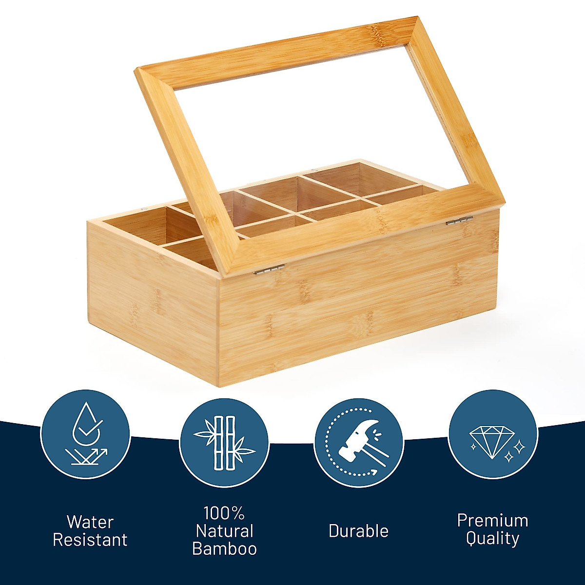 RoyalHouse Big Natural Bamboo Tea Storage Organizer with Clear Acrylic Top Window, 8 Compartments Eco-Friendly Tea Bag Holder, Multi-Functional Storage Box