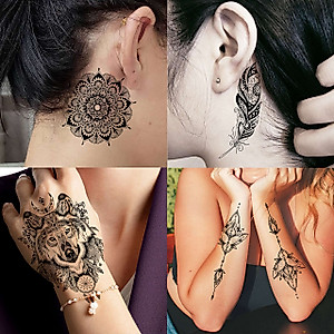 COKTAK 6 Pieces/Lot Unique Black Henna Temporary Tattoo Stickers For Adults Women Girls Feather Mandala Flower Body Art Large Big Arm Tattoos Sheet Lace Indian Mehndi Sexy Wedding Tatoos OWL