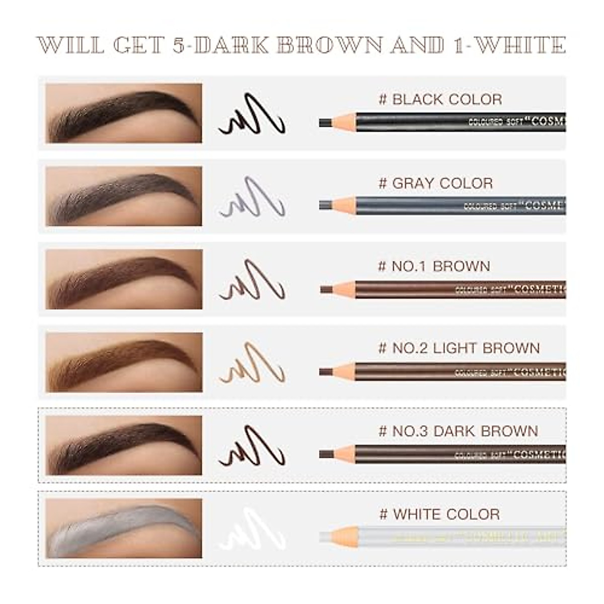 LSxia Waterproof Eye-Brows Pen-cil Set, Pull Cord Peel-off Eyebrow Pencil Microblading Eyebrow Pen Supplies Kit, White Eye-Liner Pencil and Eyebrows Tool Tattoo Makeup For Marking (5+1 Dark Brown)