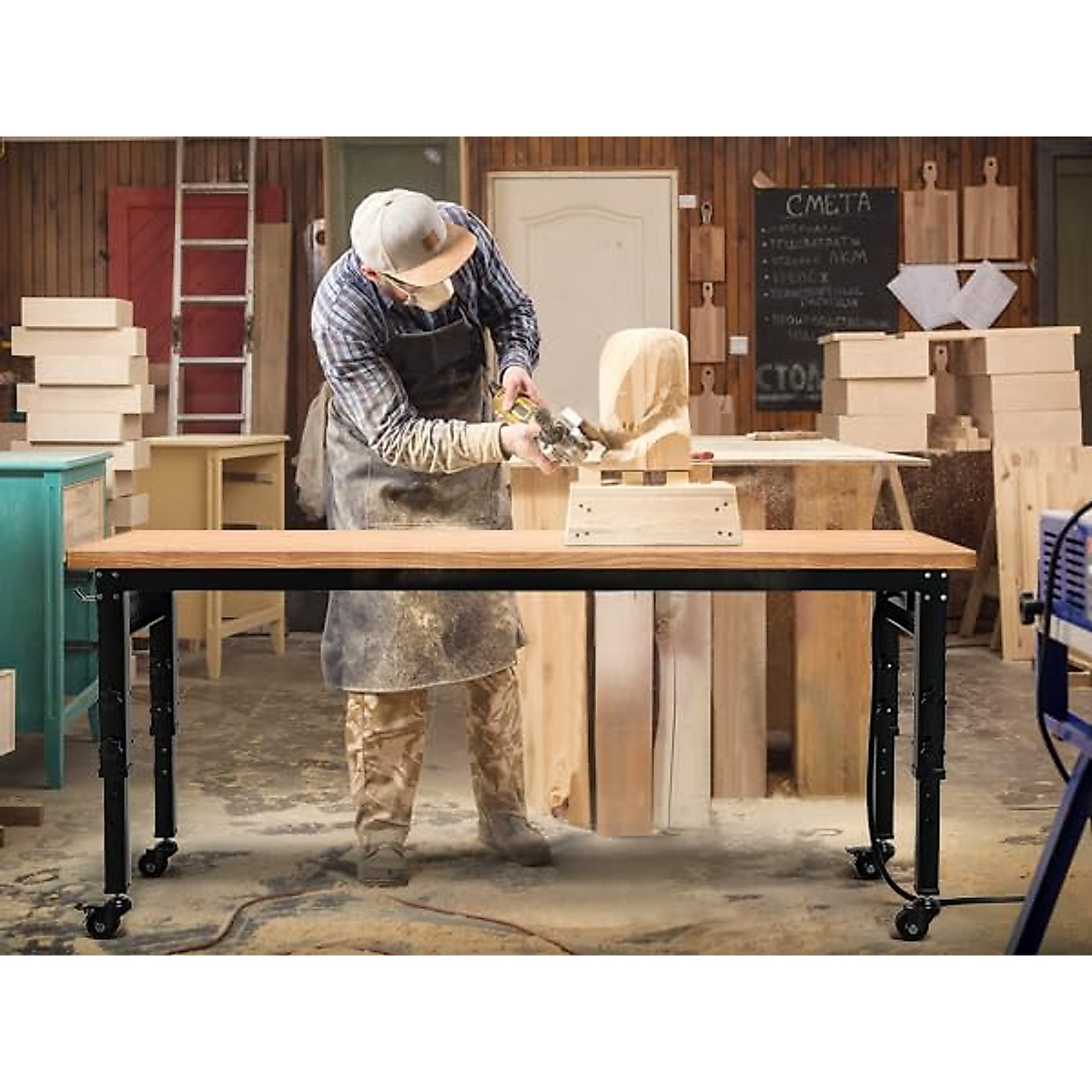 YITAHOME Work Bench 60" L X 20" W Adjustable Workbench for Garage W/Pegboard & Power Outlets Hardwood Top Heavy-Duty Workstation, 1600 LBS Load Capacity with Wheels for Workshop, Office, Home Outdoor