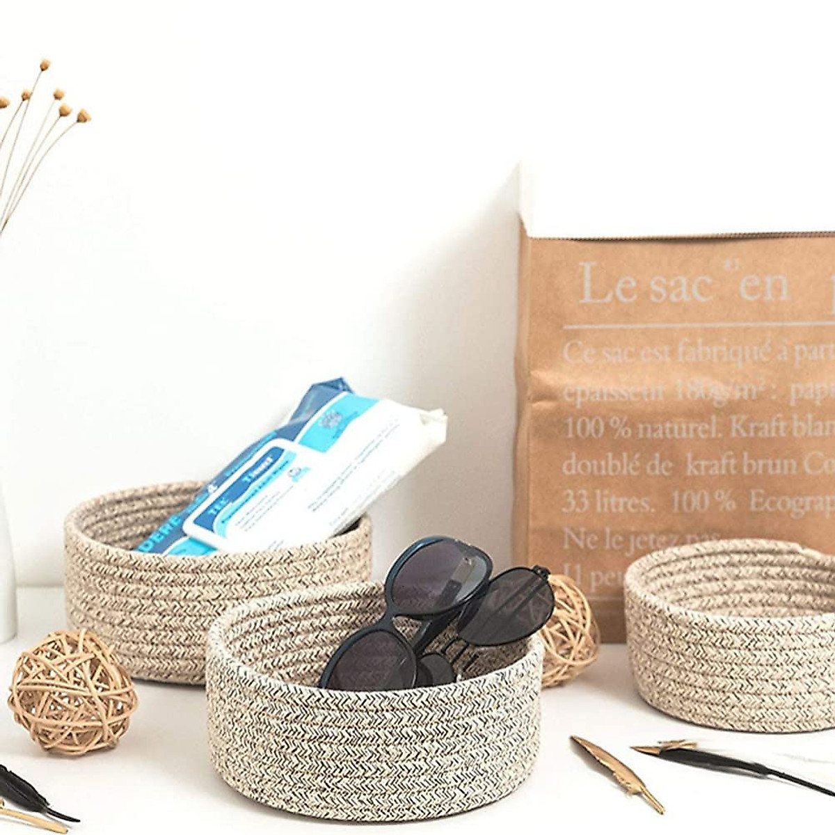 Gadpiparty Kids Toy Storage Bins 3pcs Woven Storage Basket Household Cotton Rope Office Decorative Basket Wicker Storage Baskets