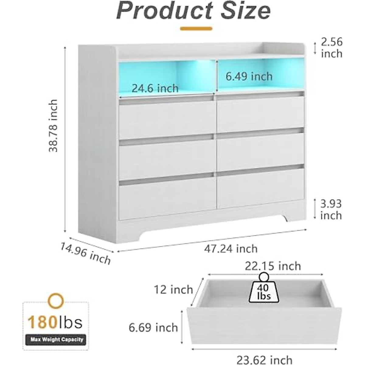 CIPACHO White Dresser for Bedroom,Modern 6 Drawer Dresser with LED Light and Open Shelf,Wide Storage Chest of Drawers,Bedroom Storage Furniture
