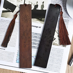 CRASPIRE 2 Color Wood Bookmark Moon Sun Tree Handmade Natural Wooden Bookmarks Carving Gifts for Men Women Book Lovers Teachers Students Birthday with Tassel Pendant 1.1 x 5.8inch