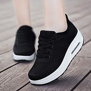 Women's Wedge Sneakers Breathable Mesh Thick Sole Lace Up Comfort Tennis Walking Shoes Black