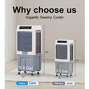 MEPTY Evaporative Air Cooler, 3288CFM Swamp Cooler, Portable Air Cooler Fan with Remote Control, 3 Speeds, 120°Oscillation, 12H Timer for Indoor & Outdoor Patio Garage Use,10.6 Gallon,42inch