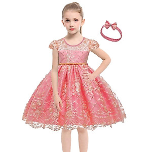 MYRISAM Baby Girls Birthday Wedding Party Dresses w/Headwear Princess Embroidery Bowknot Dress Christening Baptism Tutu Gown Pink 12-18M