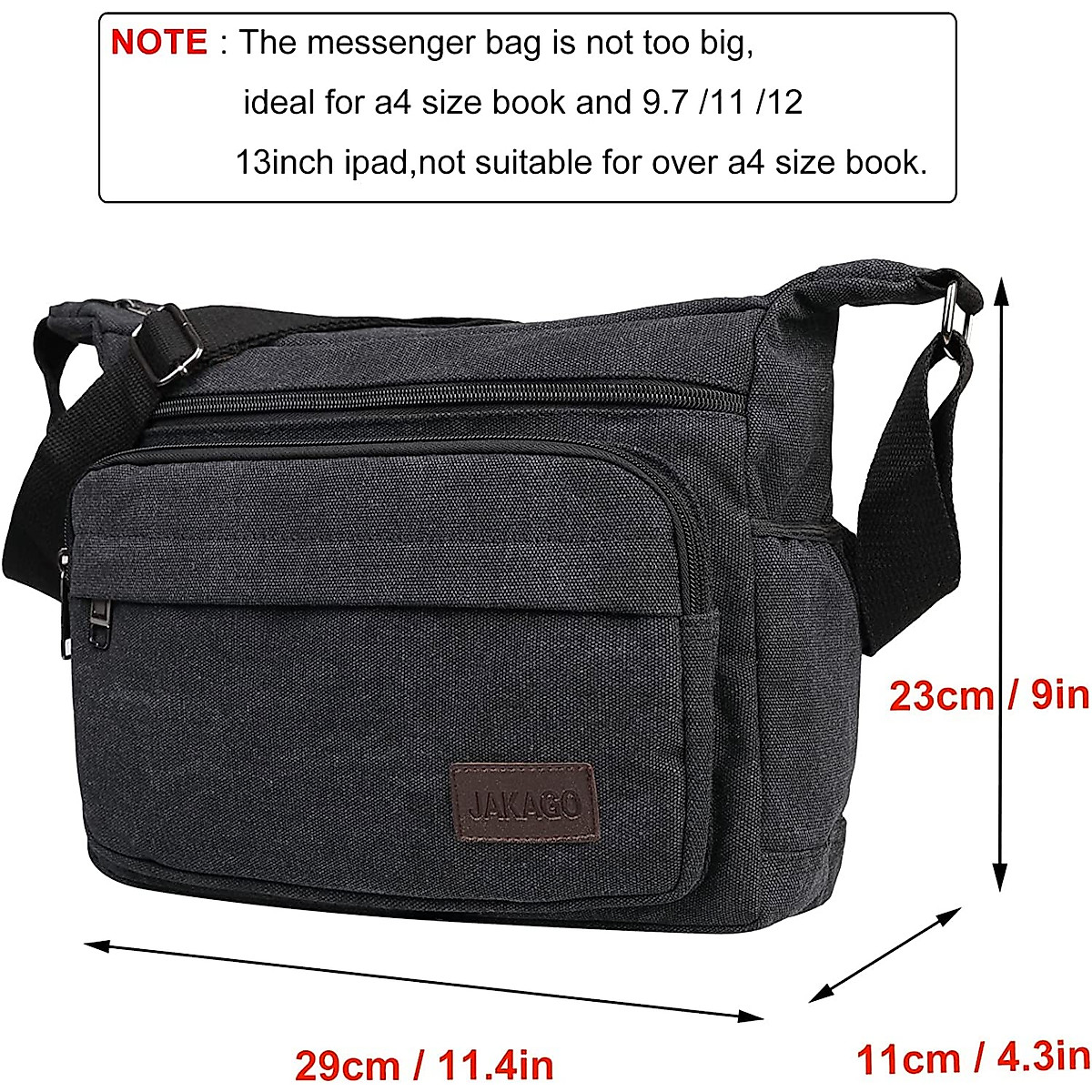 JAKAGO Canvas Messenger Bag Multi Pockets Shoulder Bag Cross body Satchel Bag for Business Travel Outdoor Daily Use (Black)