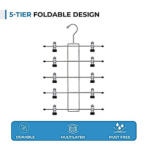 USTECH 5 Tier Clothes Hanger with Clips | Metal Closet Organizer with Non-Slip Rubber Tip | Space-Saving Pant and Scarf Hangers | Ideal for Clothes Storage, Dorm Room & Closet Organization | Pack of 3