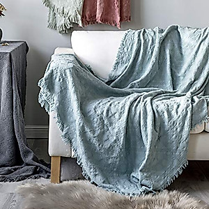Sofila 100% Cotton Rustic Throw Blanket with Fringe Farmhouse Soft Warm for Sofa Bed Couch Decorative, 50 x 65 Inches, Aqua Blue