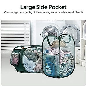 OTraki 2 Pack 70L Mesh Laundry Hampers with Long Handles Pop Up Clothes Basket for Laundry Collapsible Hamper with Large Side Pocket for Socks Detergent Hangers Easy to Carry in Home Hotel Green