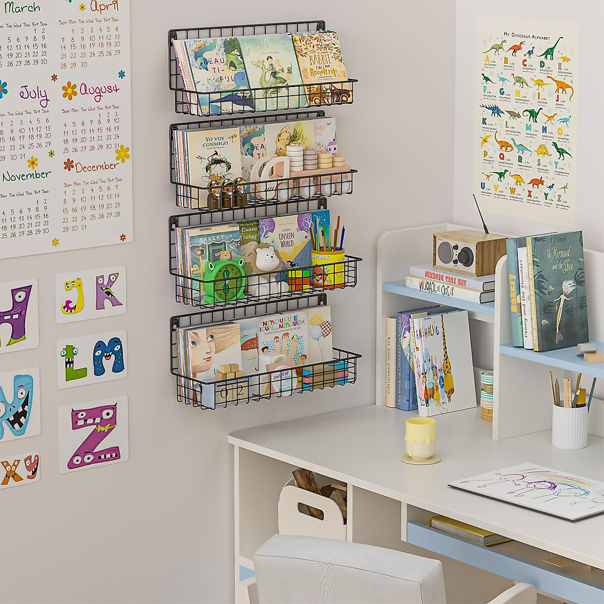 Wall Mounted Metal Kids Bookshelf, Floating Book Shelves for Kids Nursery Toddler Classroom, Hanging Book Shelf Organizer for Room Decor, Black, Set of 4