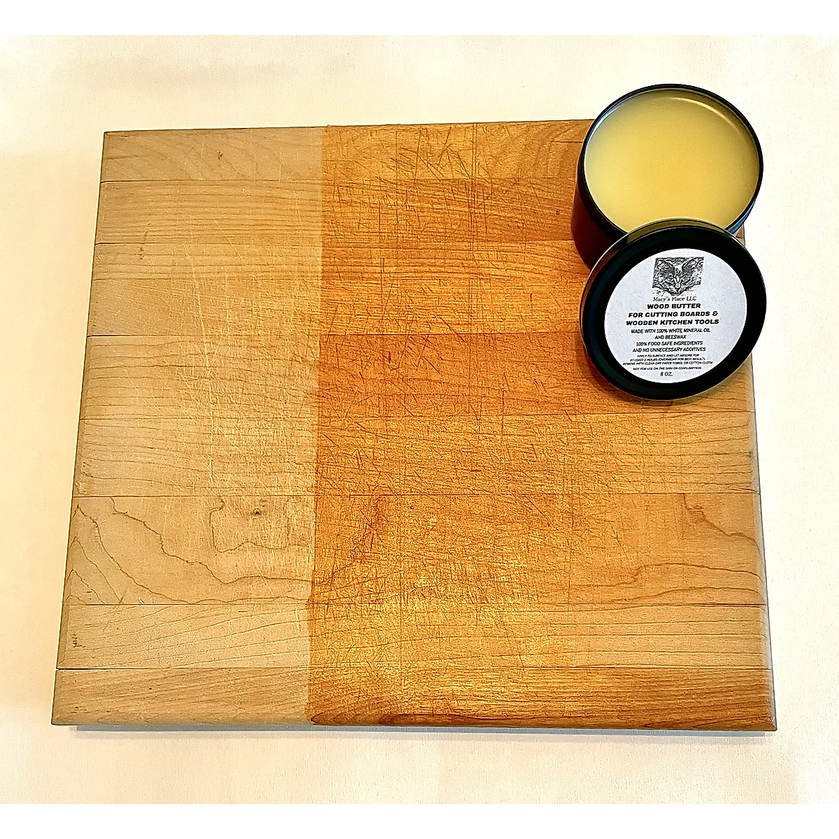Wood Butter Cutting Board Wax - 8 oz - Conditioner for Butcher Block and Wooden Kitchen Tools. Macy;s Place Food Grade Mineral Oil and Beeswax for Wooden Tools. Support Animal Rescue