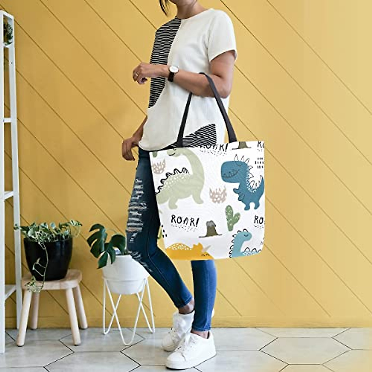 SUABO Dinosaur Canvas Tote Bag Large Women Casual Shoulder Bag Handbag, Reusable Shopping Grocery Bag for Outdoors