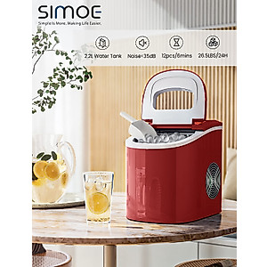 SIMOE Electric Ice Maker Machine for Countertop, 26-1/2 LBS/24 H Ice Making Machine with 9 Ice Cubes Ready in 6 Min, Portable Ice Cube Machine with Scope & Basket (Red)