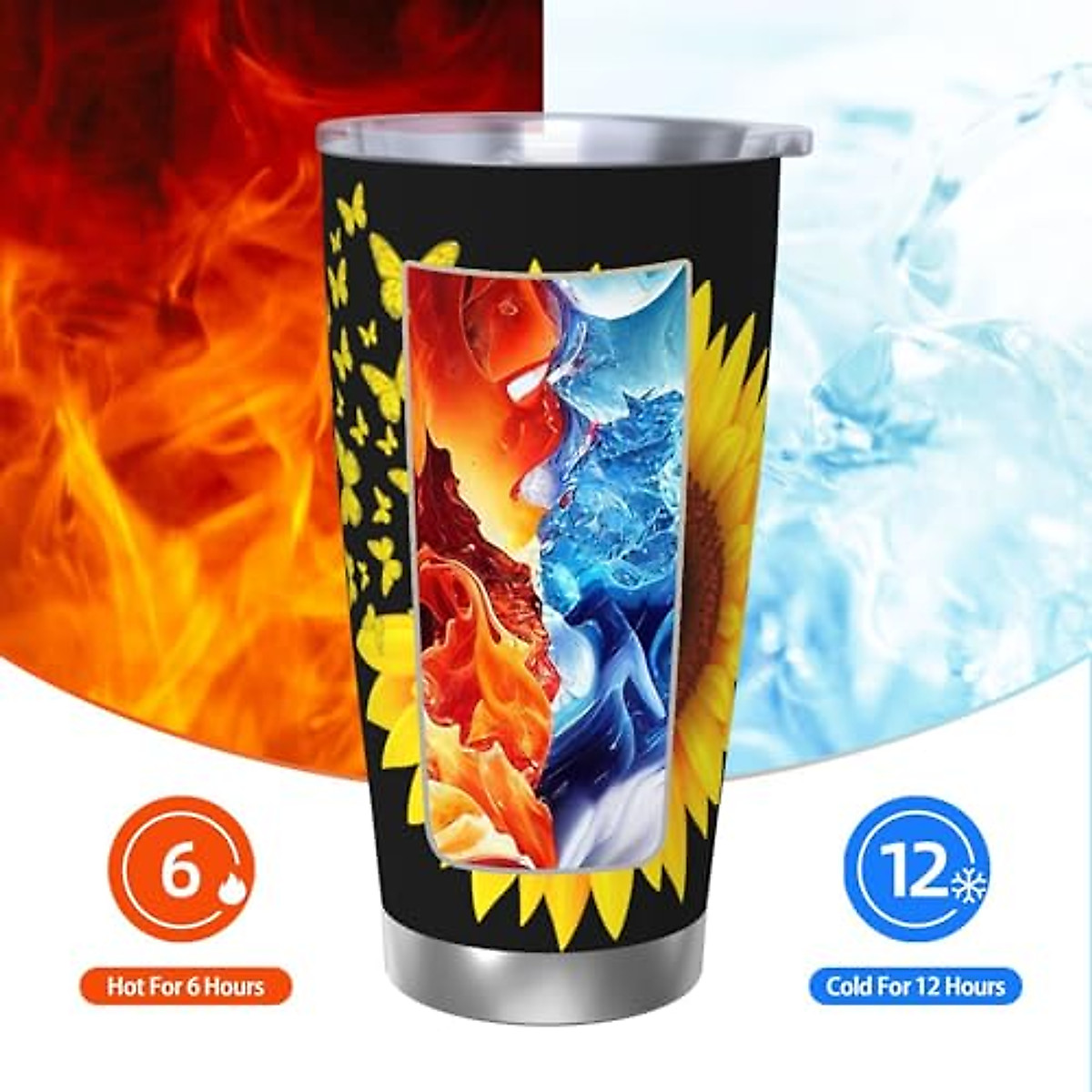 AYCZN Yellow Floral Butterfly 20 OZ Tumbler Stainless Steel Travel Coffee Mug, Sunflower Insulated Water Bottle with Lid and Straws Leakproof Thermal Cup