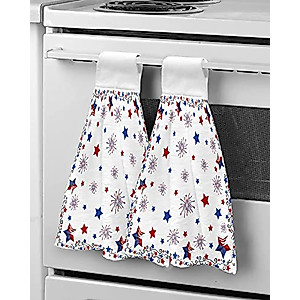 ZFUNCING Hand Tie Towel Set of 2,Memorial Day Patriotic Blue and Red Star Hanging Kitchen Towels with Loop,Absorbent Tea Bar Dish Towel Fast Drying Towels for Bathroom,Swirling Stripe on White