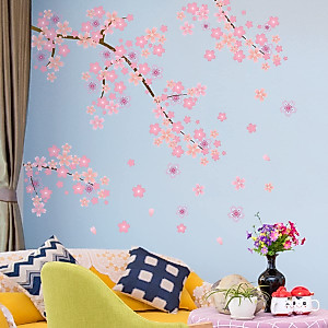 RW-045 Giant Pink Peach Blossom Wall Decals Plum Flowers Tree Branches Wall Stickers DIY Removable Cherry Floral Trees Petals Wall Decor for Kids Girls Bedroom Living Room Nursery Office Decoration