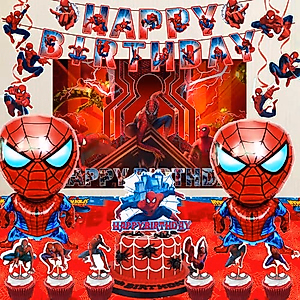 53 Pcs Spidey-men Birthday Decorations Party Supplies Include Happy Birthday Banners, Tablecloths, Cake Toppers ,Cupcake Toppers, Balloons, Hanging Swirls Superhero Birthday Party Supplies