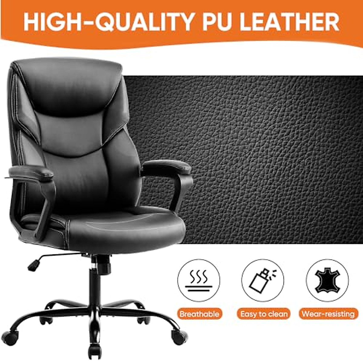 Sweetcrispy Home Office Chair, Leather Computer Gaming Chair with Armrests, Adjustable Swivel Rolling Desk Chair with Wheels, Lumbar Support, Black