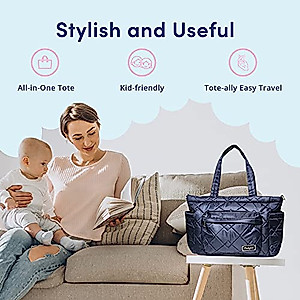 Great Travel Size Stylish Quilted Diaper Tote Bag, Gender Neutral Go Bag with Portable Changing Pad, Laptop Pocket, Shoulder Strap, and 2 Stroller Straps, Navy