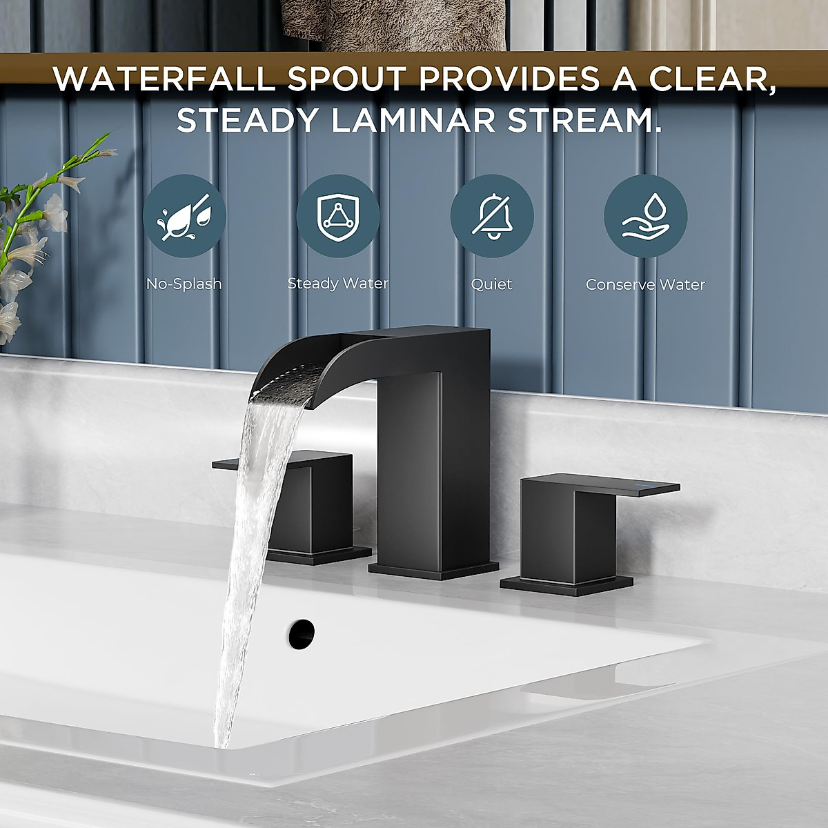 QFN Black Bathroom Faucet 3 Hole, Waterfall Bathroom Faucets with Metal Pop-up Drain and Cupc Hose, Matte Black Widespread Bathroom Sink Faucet, Two Handle Faucet for Bathroom Sink