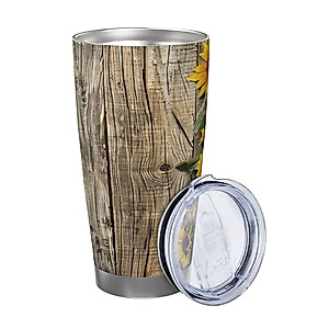 AYCZN Rustic Wooden Board 20 OZ Tumbler Stainless Steel Travel Coffee Mug, Vintage Sunflower Insulated Water Bottle with Lid and Straws Leakproof Thermal Cup